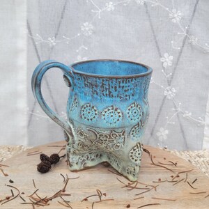 Blue & Yellow Tripod Mug With a Flower Pattern, 12 Oz Ceramic Cup, Hand ...