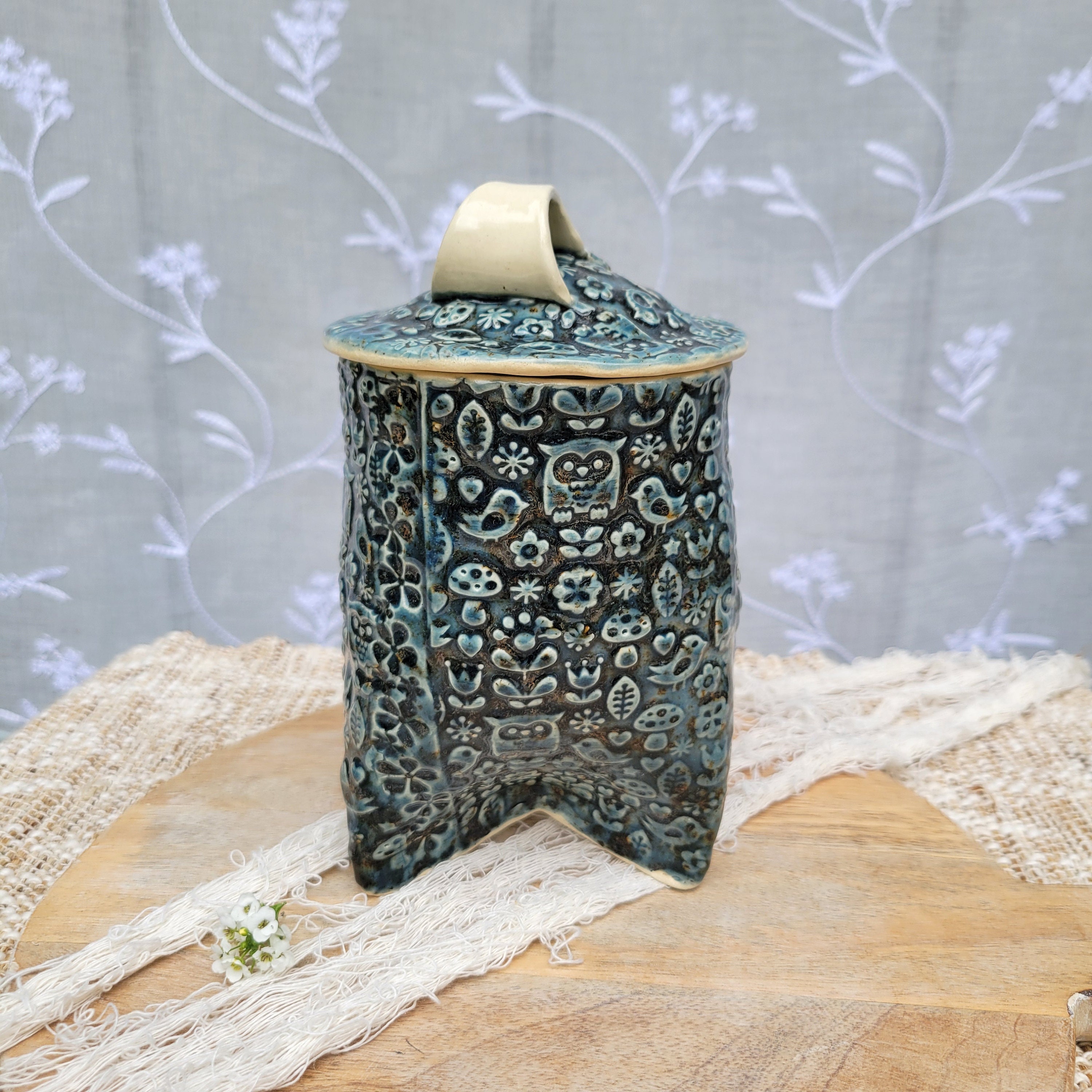 Blue Tripod Canister With a Pattern of Owls, Mushrooms, & Flowers ...