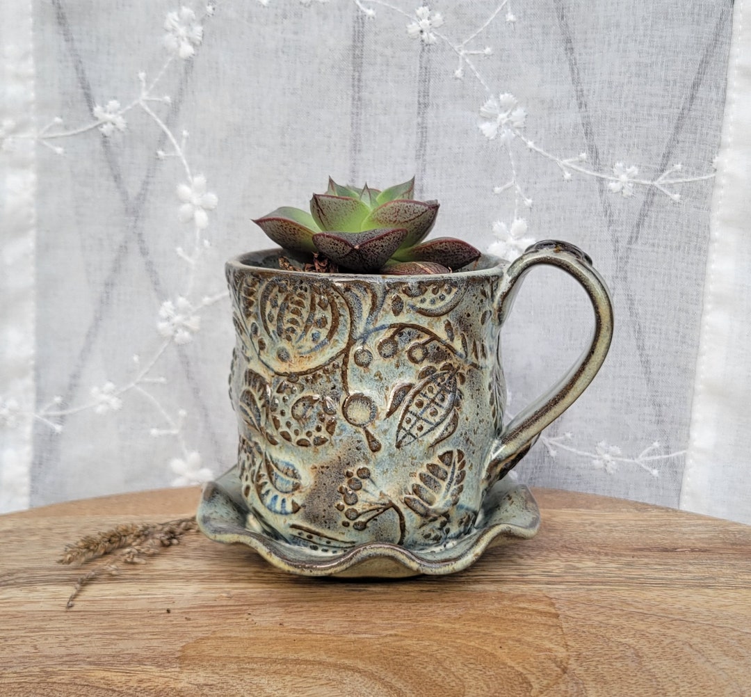 Succulent Planter, Mug Shaped With Attached Saucer, Yellow & Brown ...
