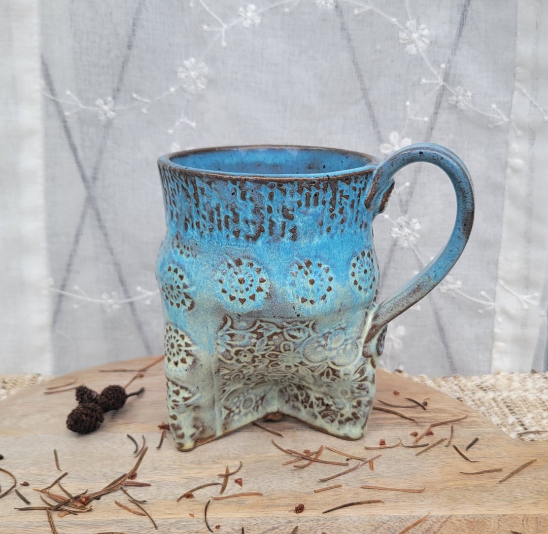 Blue & Yellow Tripod Mug With a Flower Pattern, 12 Oz Ceramic Cup, Hand ...