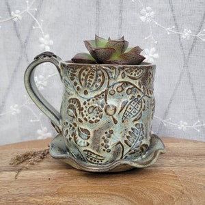 Succulent Planter, Mug Shaped With Attached Saucer, Yellow & Brown ...