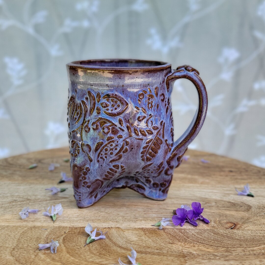 Purple Tripod Mug With a Vine Flower Pattern, Ceramic Coffee Cup, Hand ...