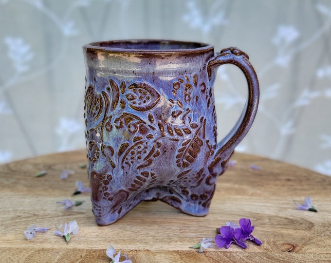 Purple Tripod Mug With a Vine Flower Pattern, Ceramic Coffee Cup, Hand ...