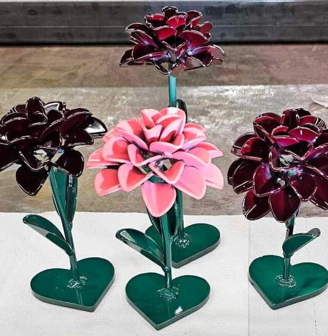 Custom Metal Flower With Heart Base Handcrafted Steel Flower ...