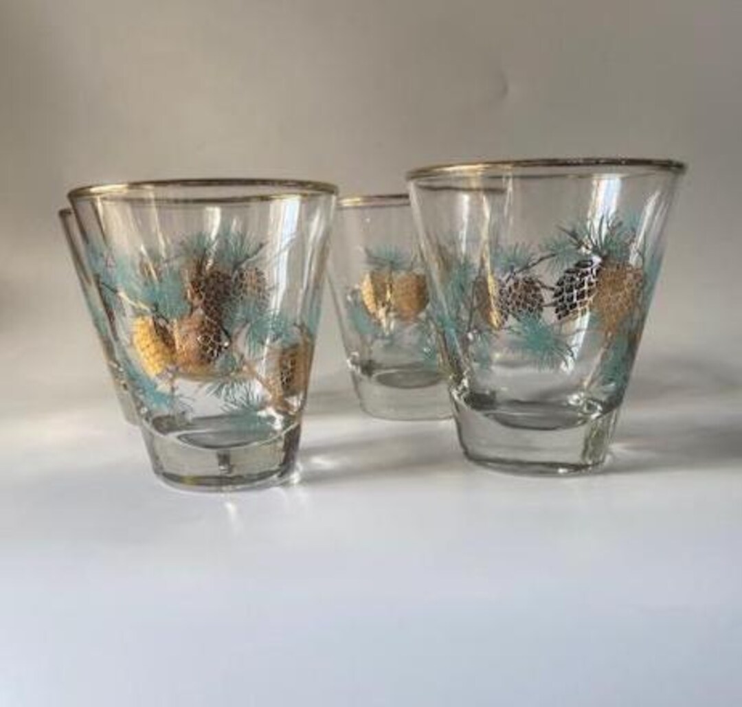 Set of 4 Vintage Libbey David Douglas Turquoise & Gold Pinecone 6 Oz ...
