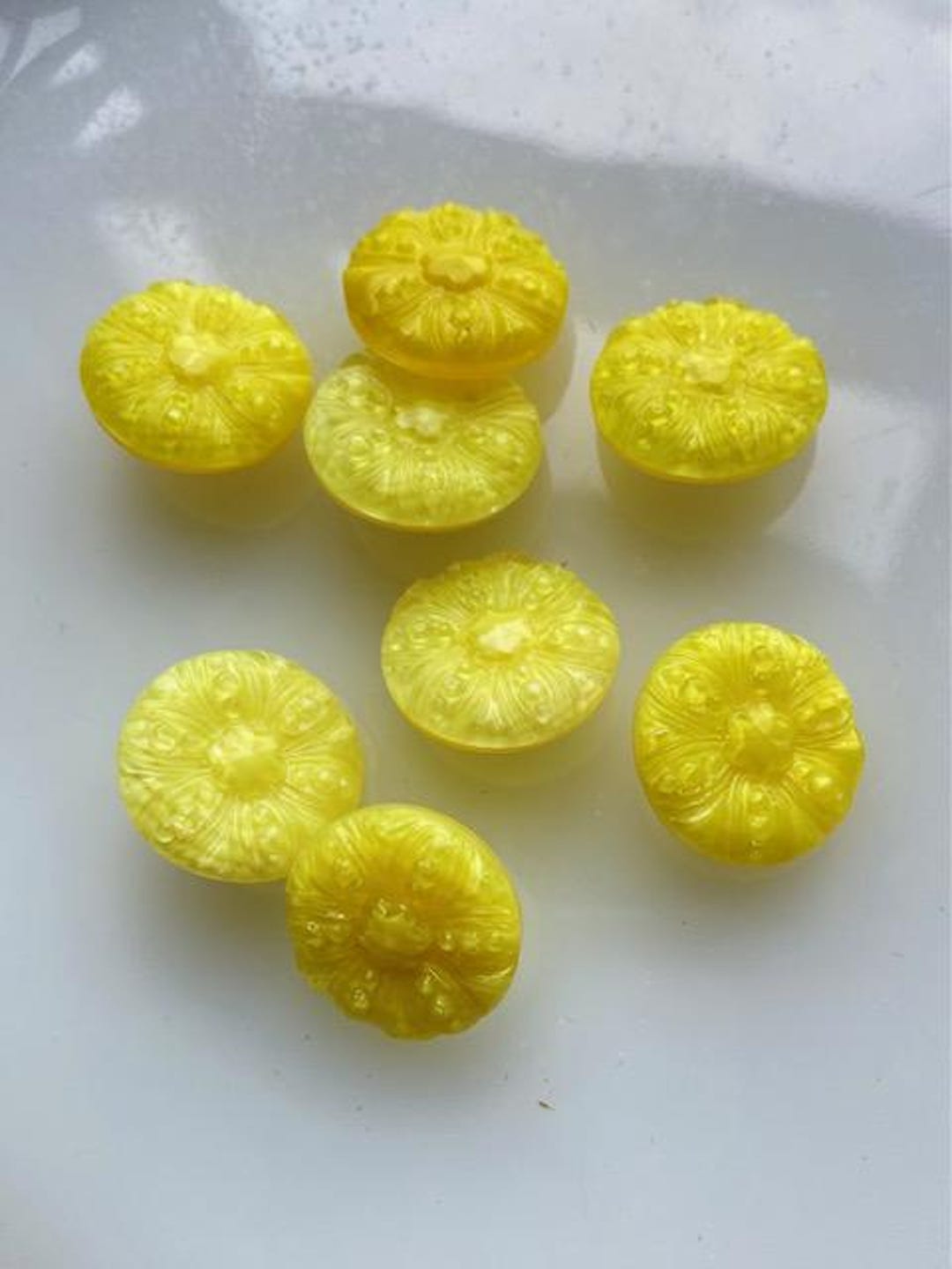Vintage Czech Glass Buttons -- 3/4" Lemon Yellow Moonglow Florals (7 ...