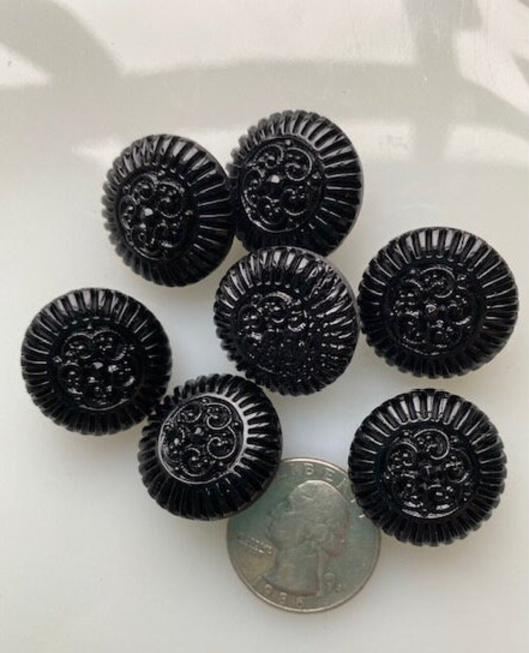 Vintage Czech Glass -- 7/8" Jet Black Buttons Filigree & Ridges (7) - Etsy