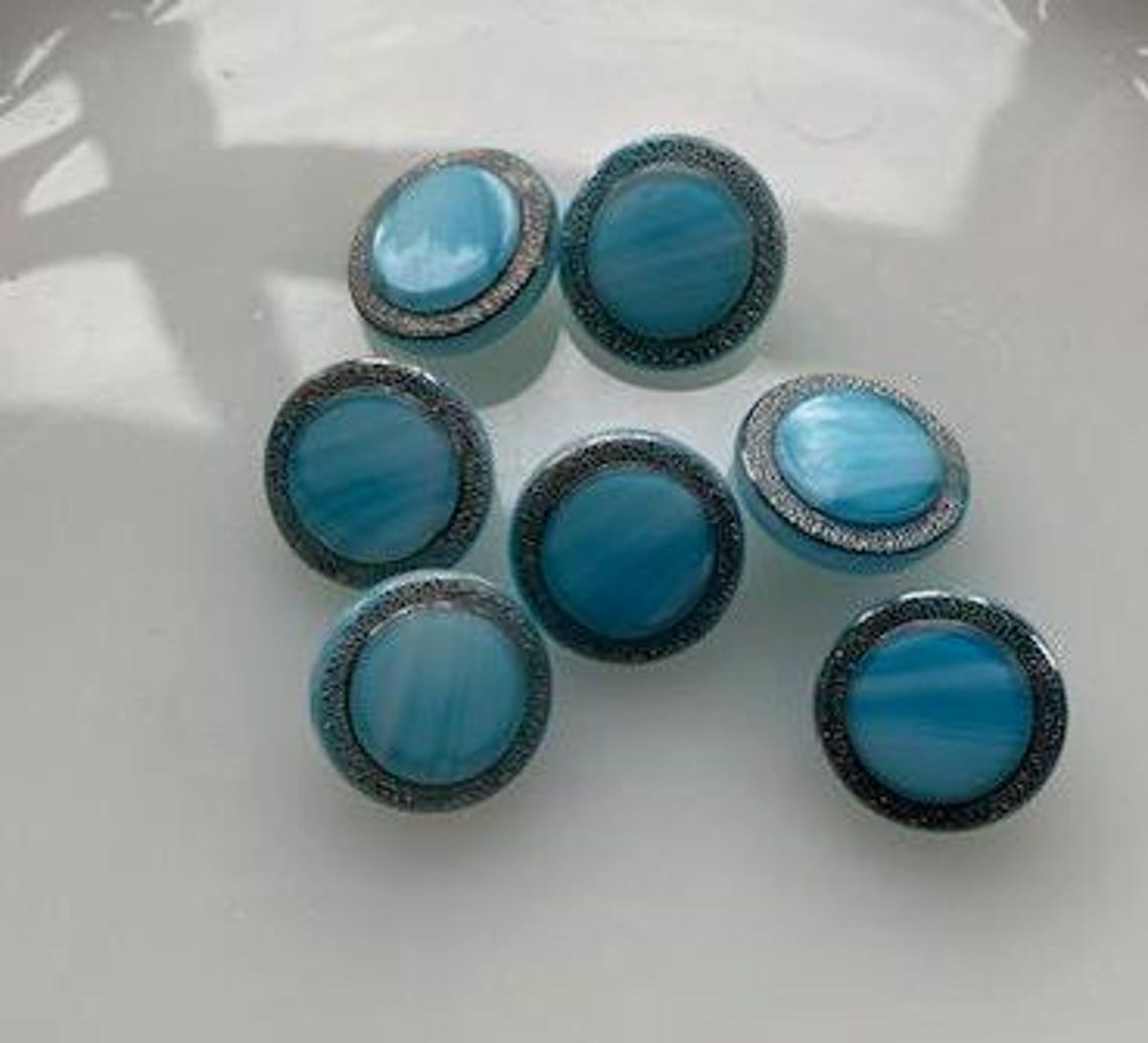 Vintage Czech Glass Buttons -- 3/4" Aqua Blue & Silver Agate-like ...