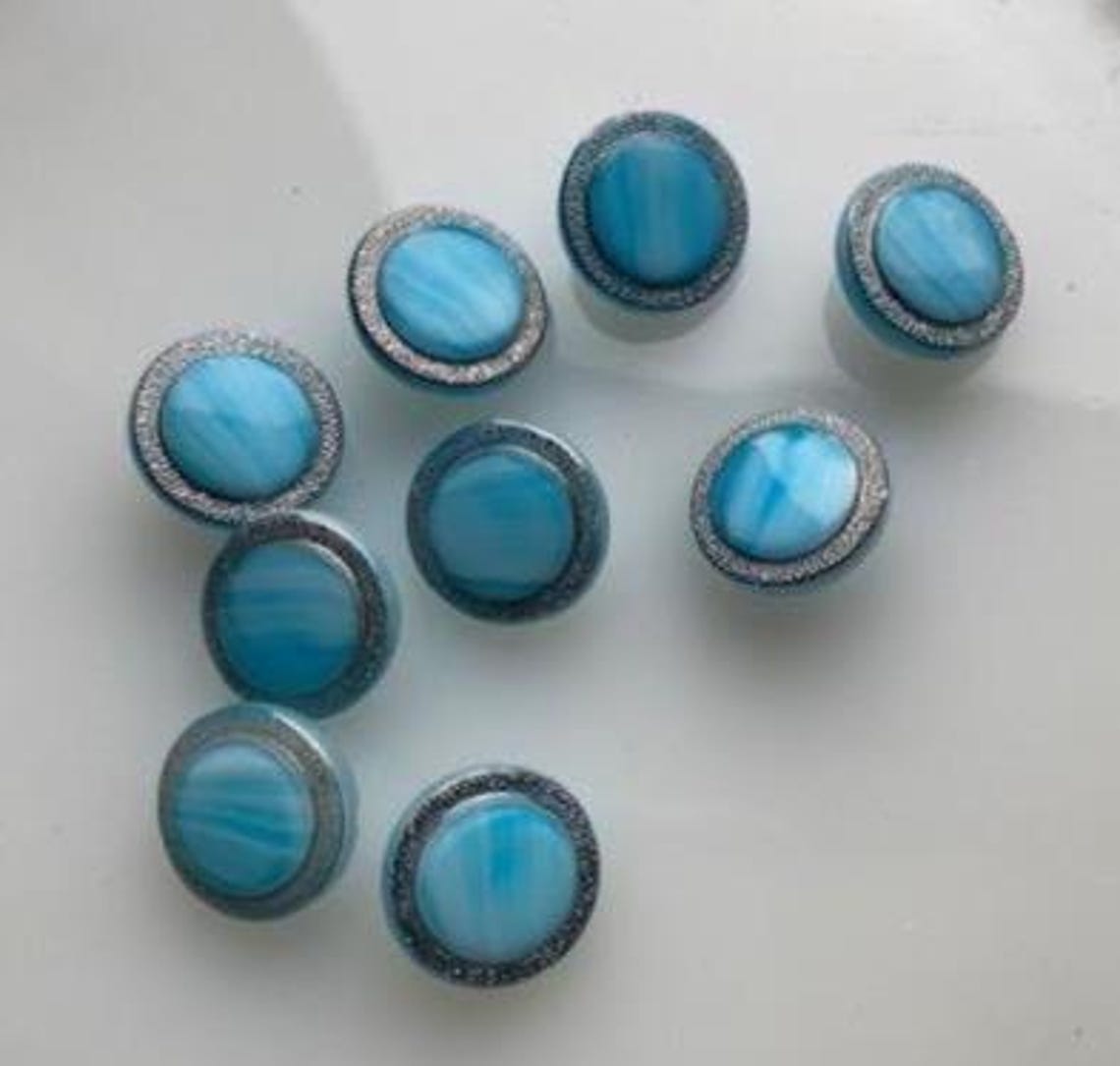 Vintage Czech Glass Buttons -- 3/4" Aqua Blue & Silver Agate-like ...
