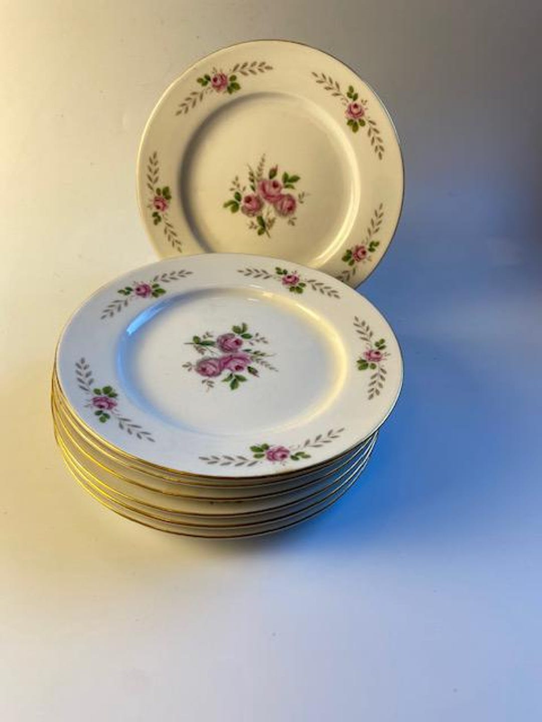 7 Vintage Eschenbach BARONET CHINA Pink Rose Le Bouquet 6.5" Dessert ...