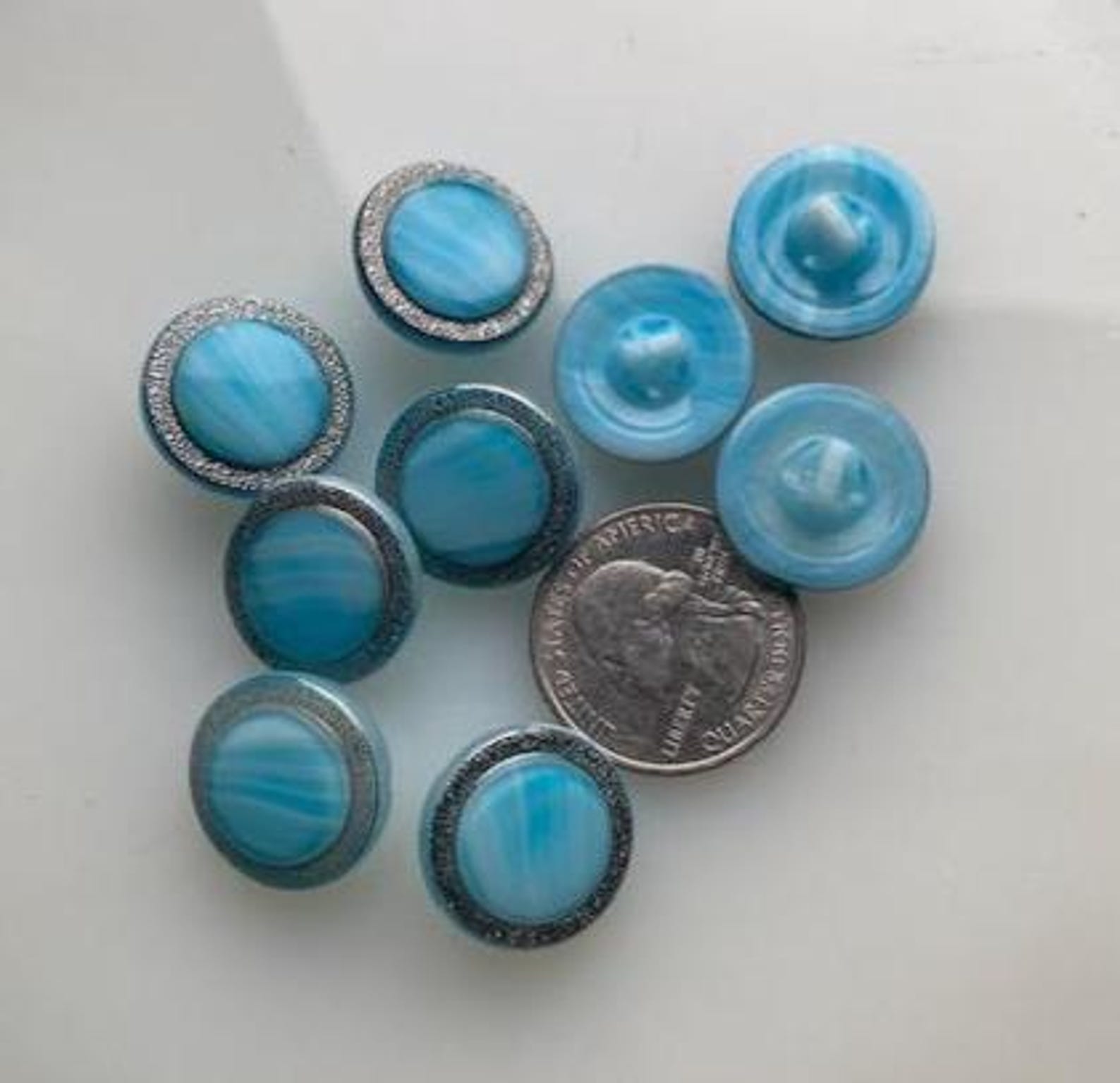 Vintage Czech Glass Buttons -- 3/4" Aqua Blue & Silver Agate-like ...