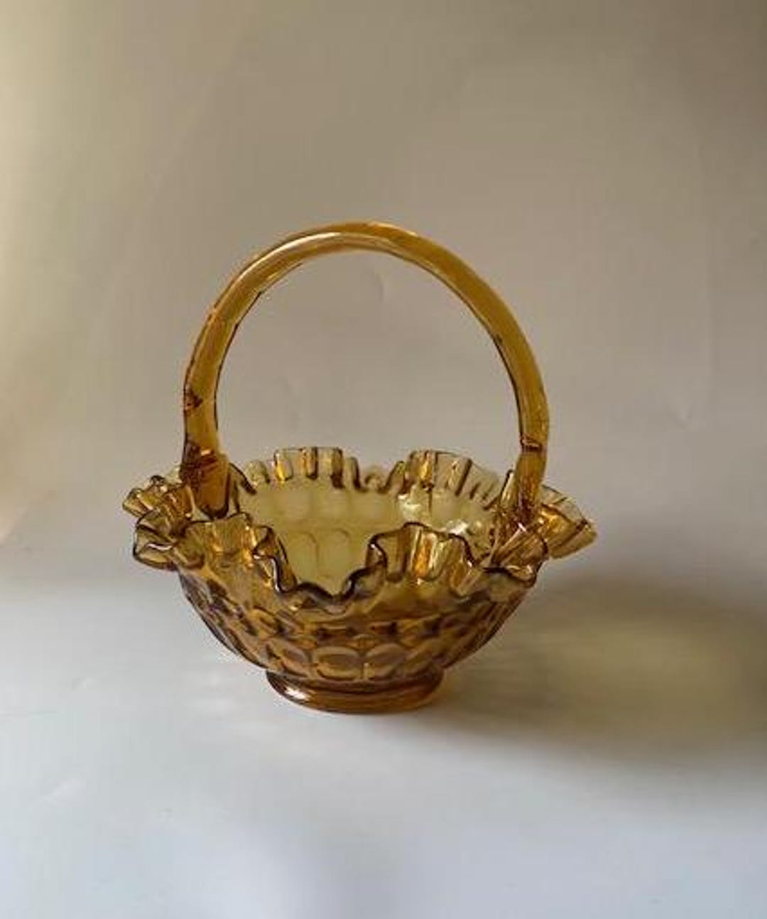 Vintage FENTON Amber Glass Colonial THUMBPRINT 8" Handled Basket 1970s ...