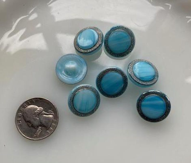 Vintage Czech Glass Buttons -- 3/4" Aqua Blue & Silver Agate-like ...