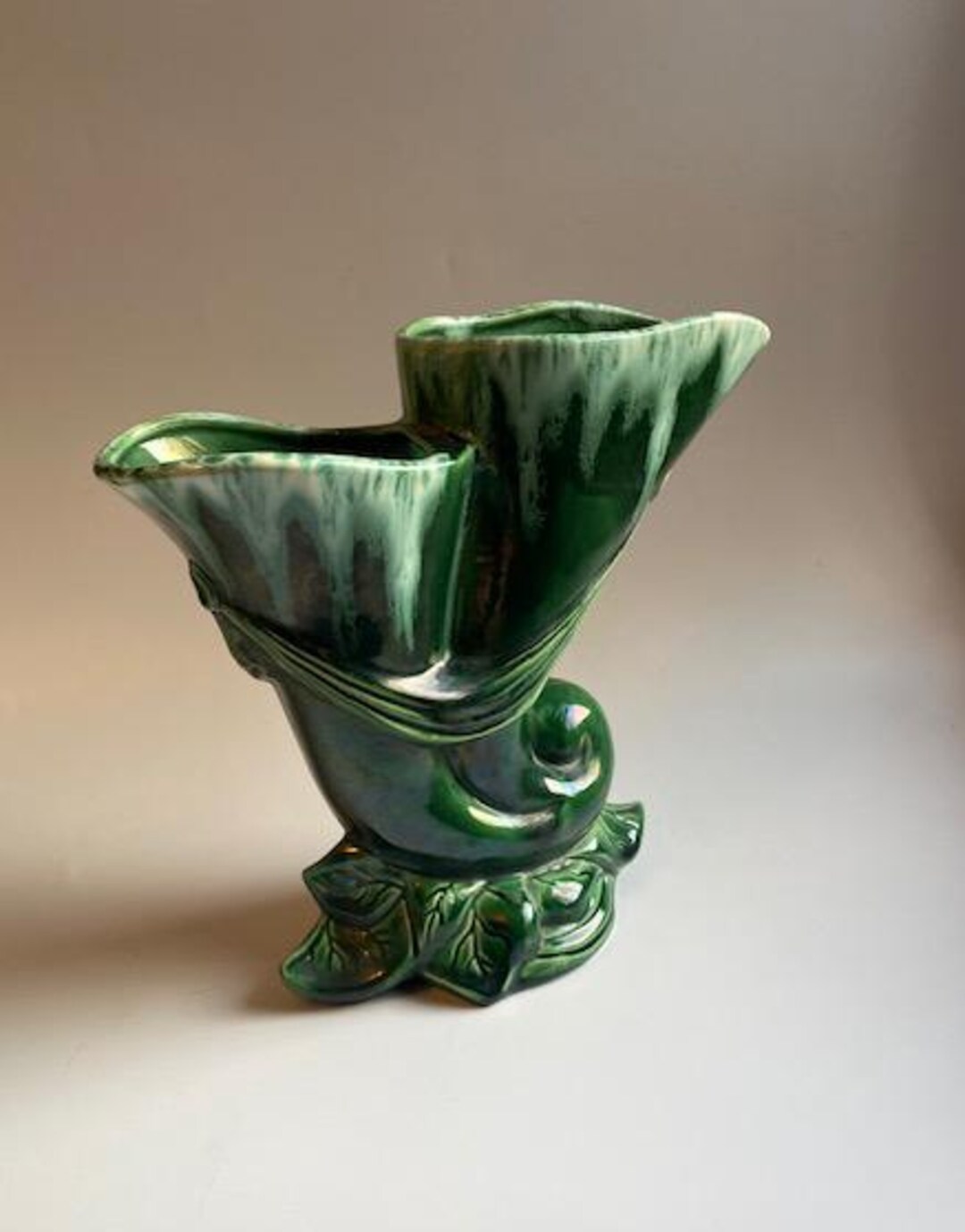 Vintage GREEN DRIP Mid-century Pottery Vase Planter Swags Leaves ...
