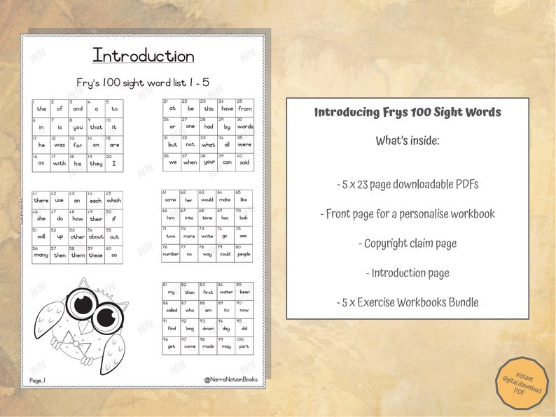 100 Fry Sight Words Exercise Worksheet Bundle - 5 Digital PDF ...
