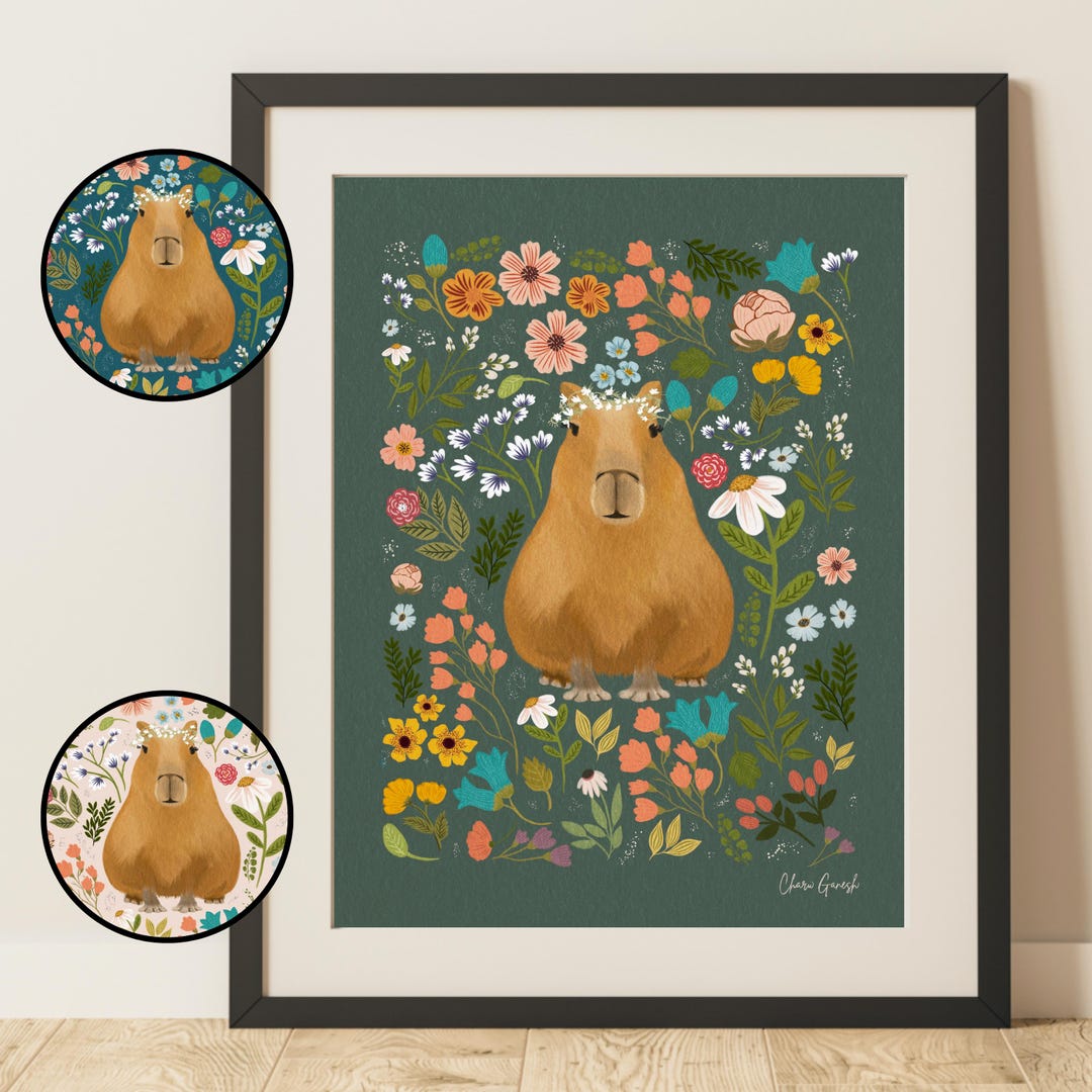 Capybara Art Print || Floral Botanical Decor - Etsy