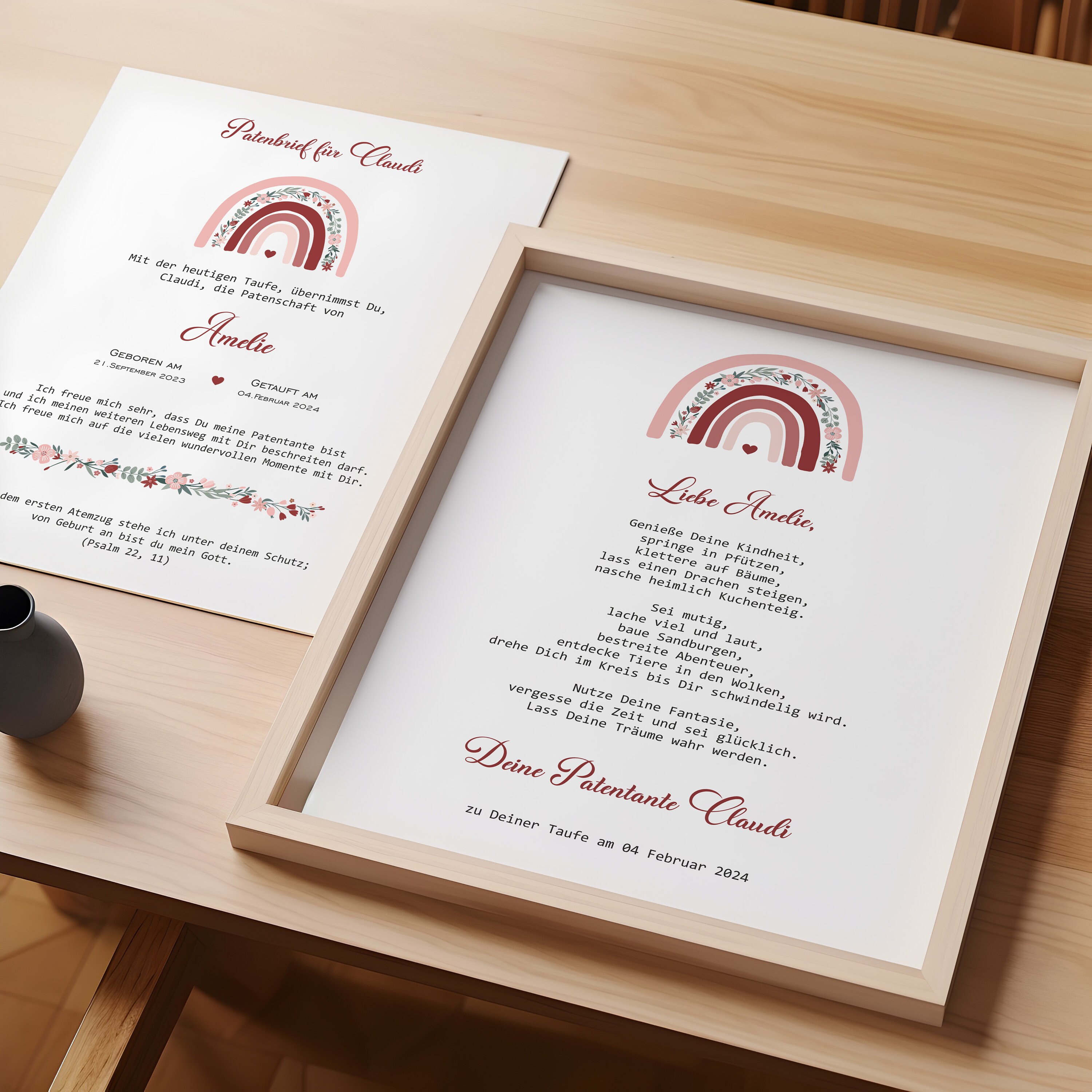Patenbrief Zur Taufe regenbogen Blumen Rosa / Taufurkunde / Geschenk ...