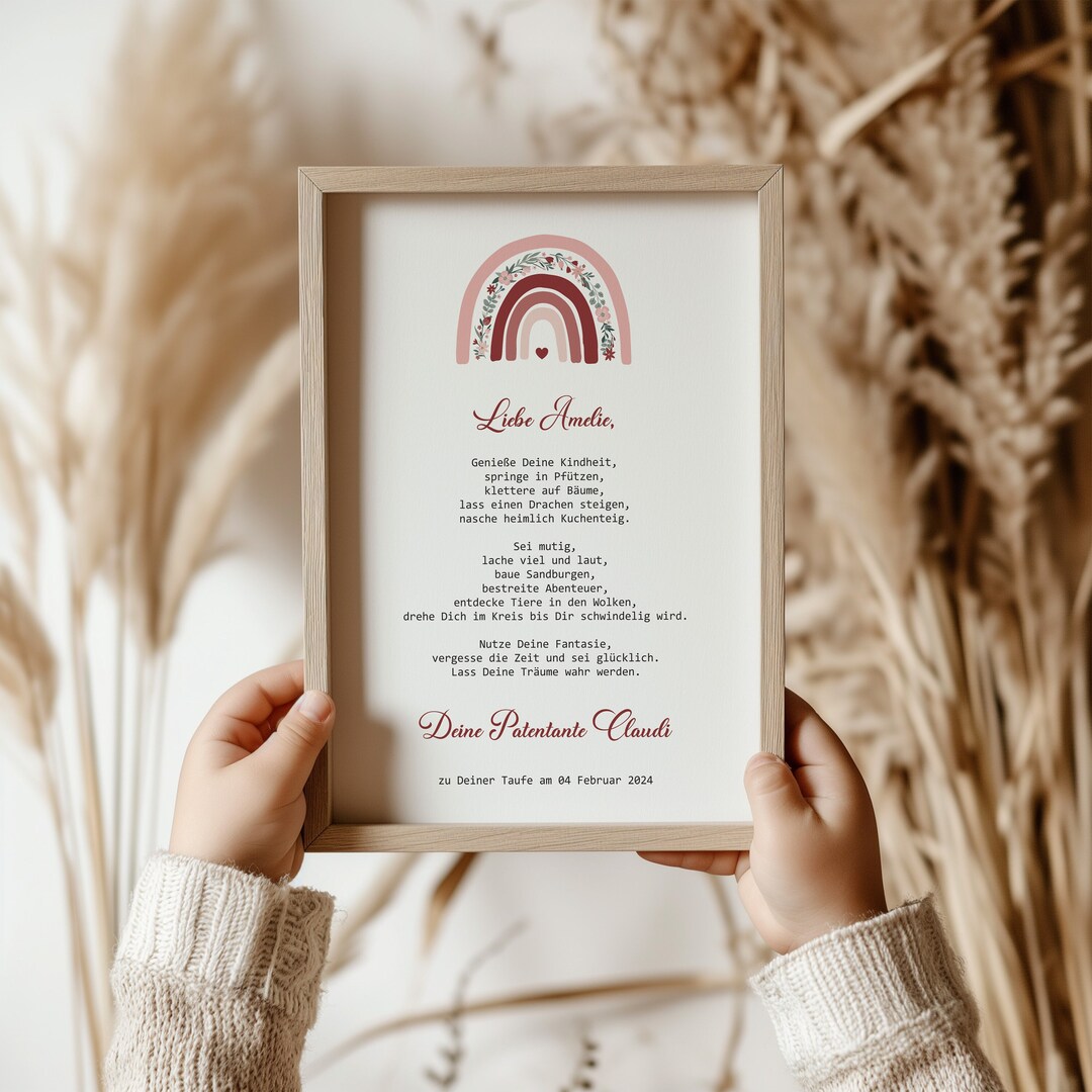 Patenbrief Zur Taufe regenbogen Blumen Rosa / Taufurkunde / Geschenk ...