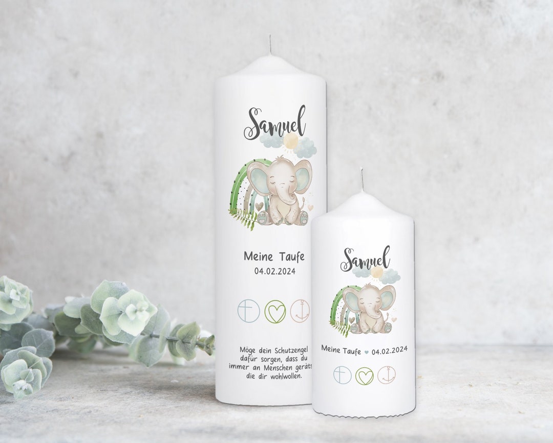 Personalisierte Taufkerze regenbogen Elefant grün / Taufkerze Mit ...