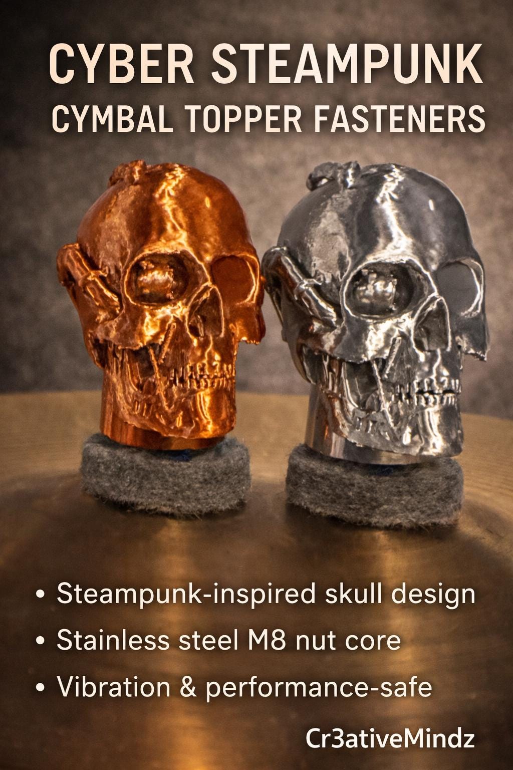 Steampunk Cymbal Toppers & Fasteners | Mechanical Skull Drum Kit ...