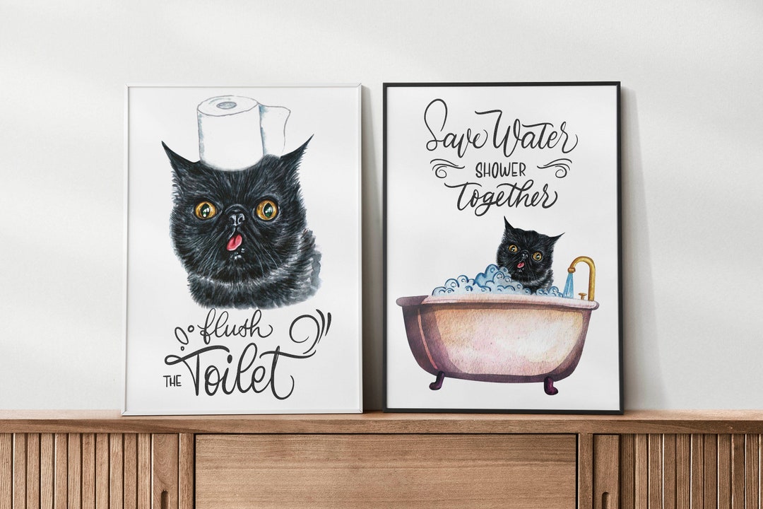 Funny Bathroom Cat Poster Decor Set of 2,bathroom Cat Wall Art,funny ...
