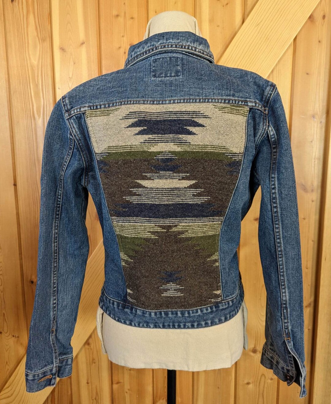 Western Denim Jacket, Curvy Fit Custom Cowgirl Jean Jacket, With Southwest Aztec Wool Blend Back ...