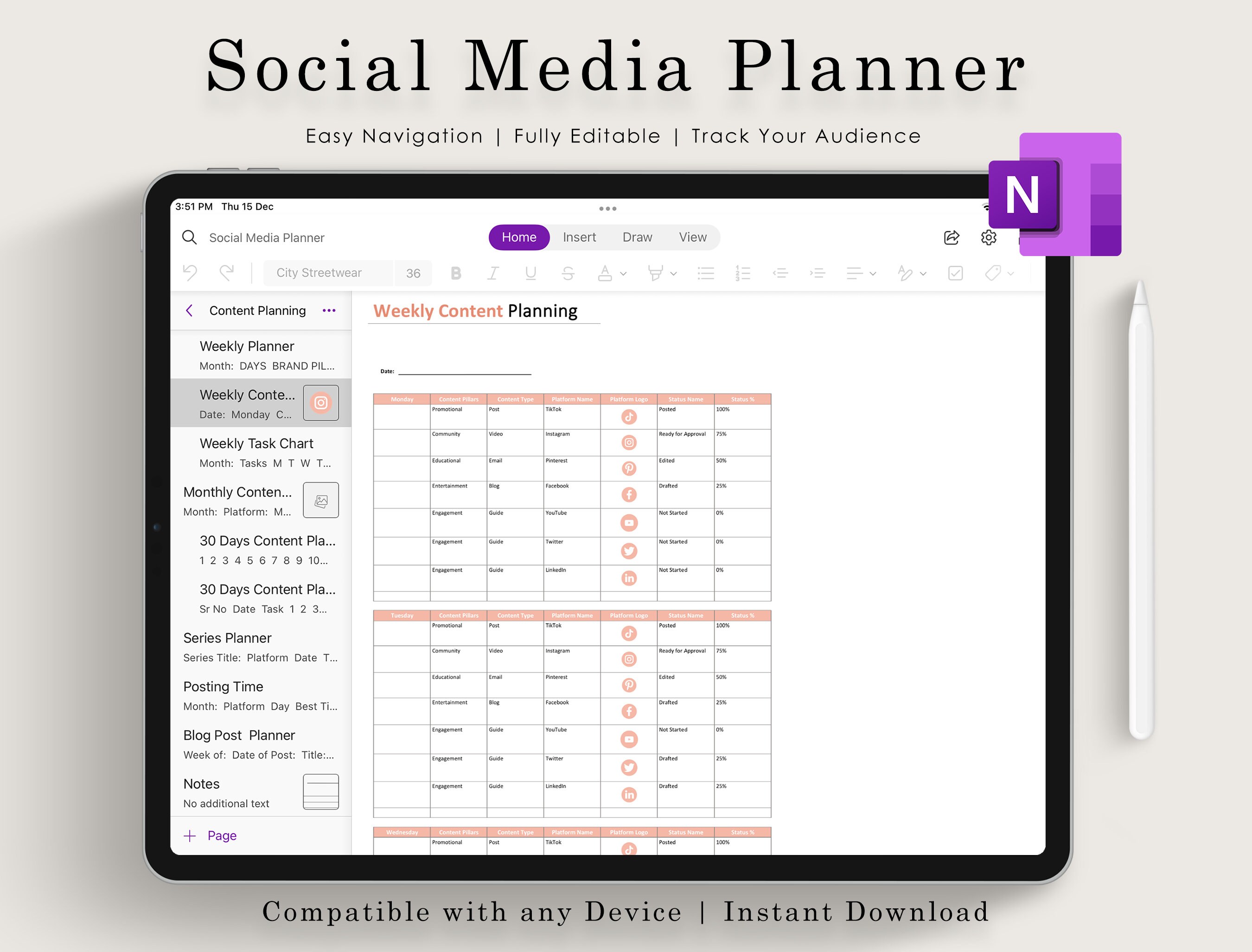 ONENOTE Social Media Planner,facebook Tracker, Instagram Planner ...
