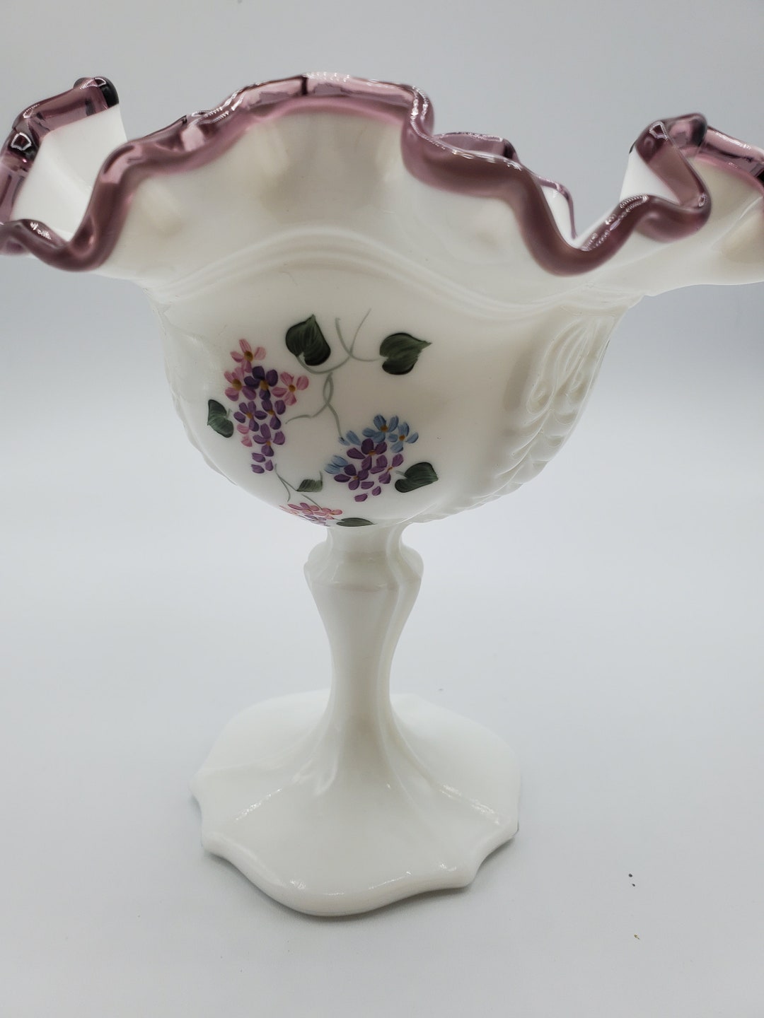 Fenton Plum Crest Milk Glass Hand Painted and Signed Compote - Etsy