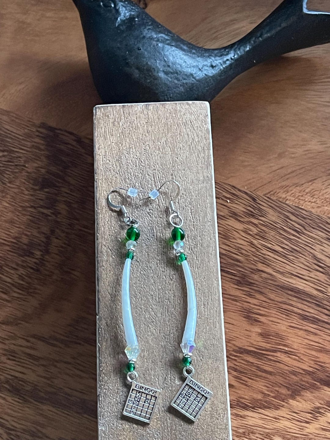 Dentalium Shell Bingo Themed Green Silver and Crystal Bead Dangle Drop ...
