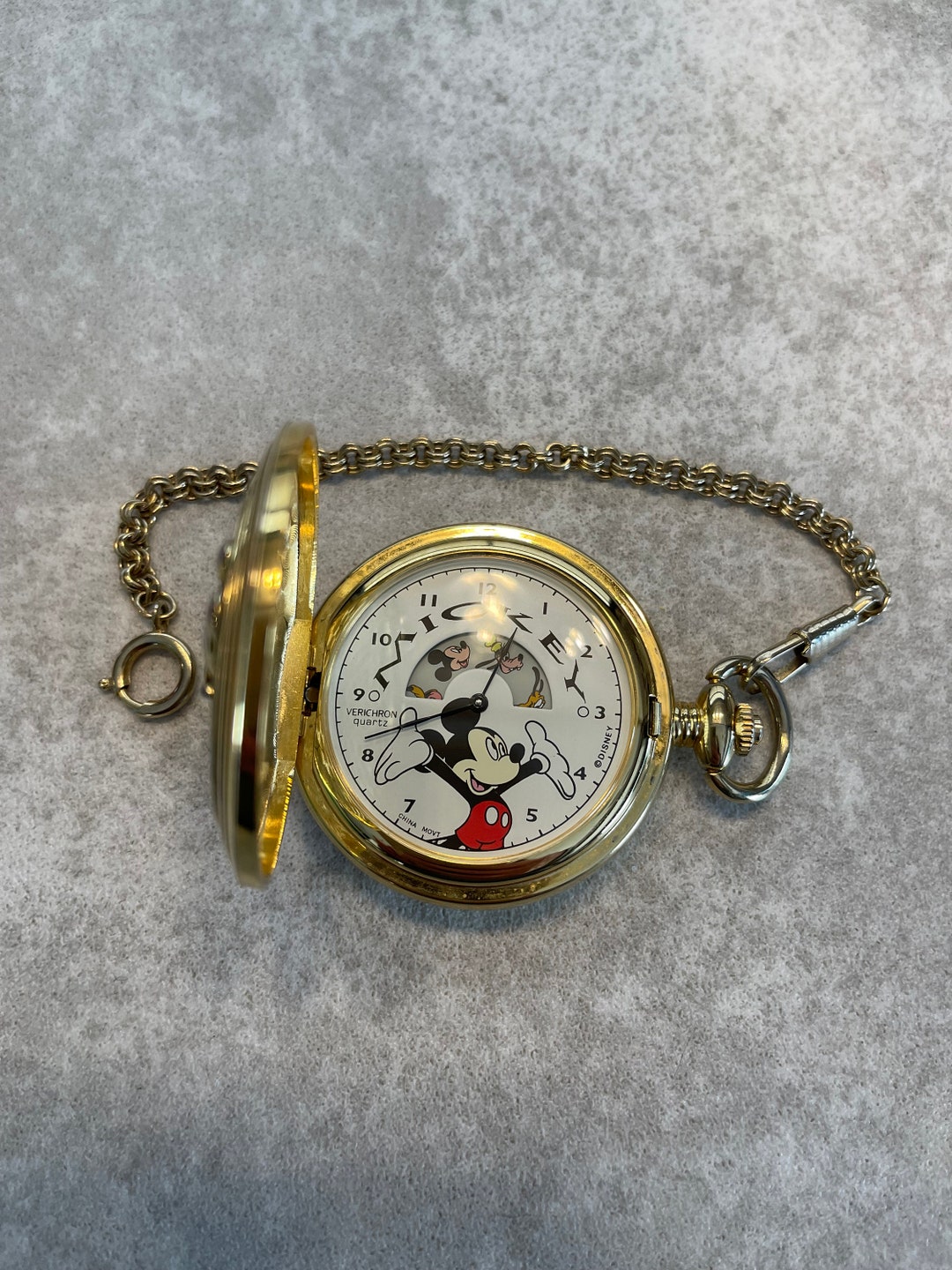 Mickey Mouse Verichron Quartz Gold Tone Collector Pocket Watch ...
