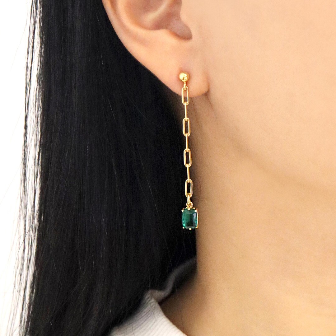 Emerald Green Drop Earrings Gold Glass Stone Dangle Earrings Paperclip ...
