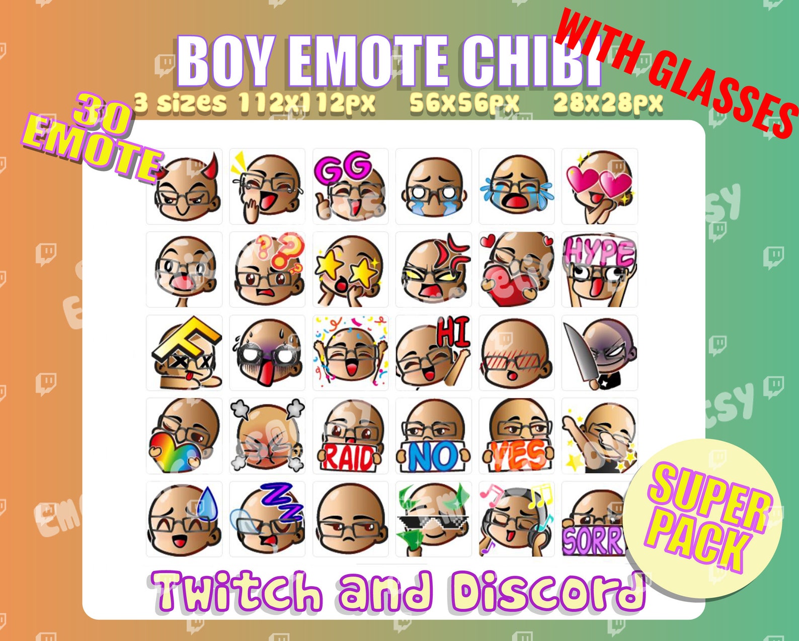 30 Emote Chibi Boy Bald Hairless Medium Skin Twitch Glasses/without ...