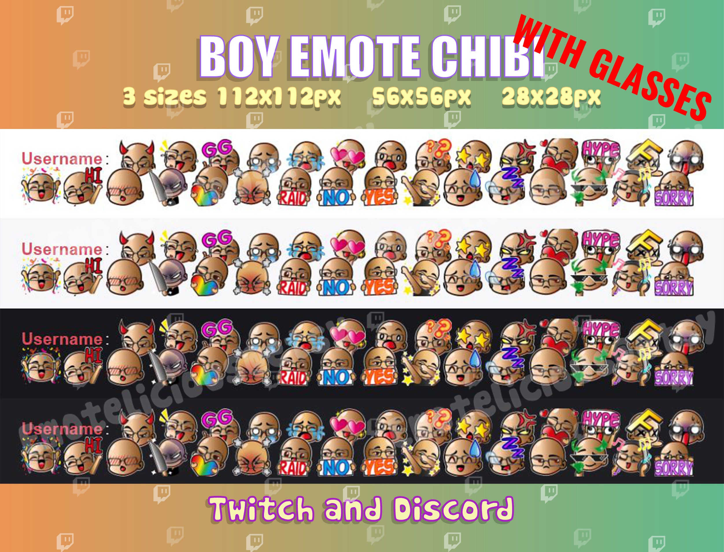 30 Emote Chibi Boy Bald Hairless Medium Skin Twitch Glasses/without ...