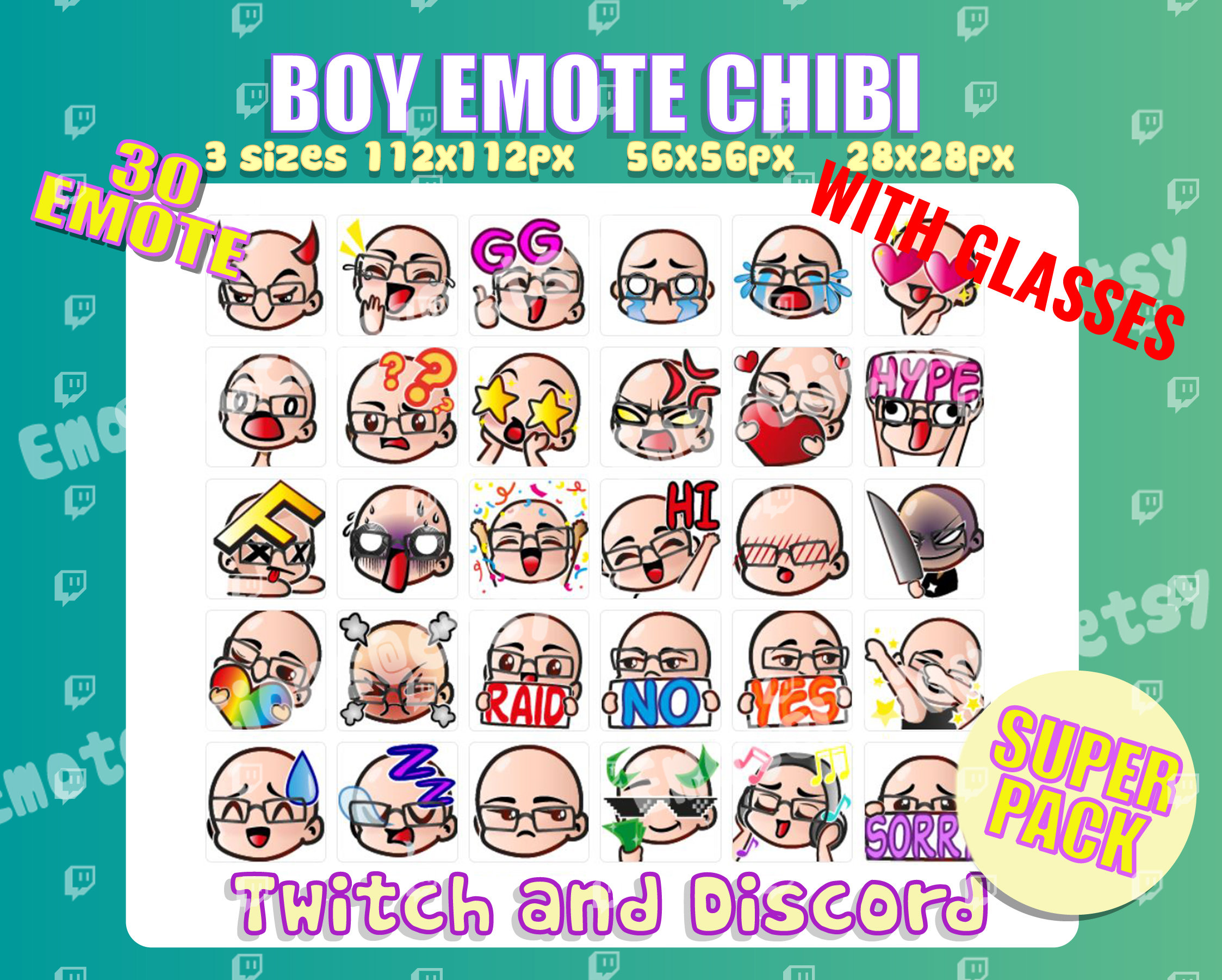 30 Emote Chibi Boy Bald Hairless White Skin Twitch Glasses/without ...