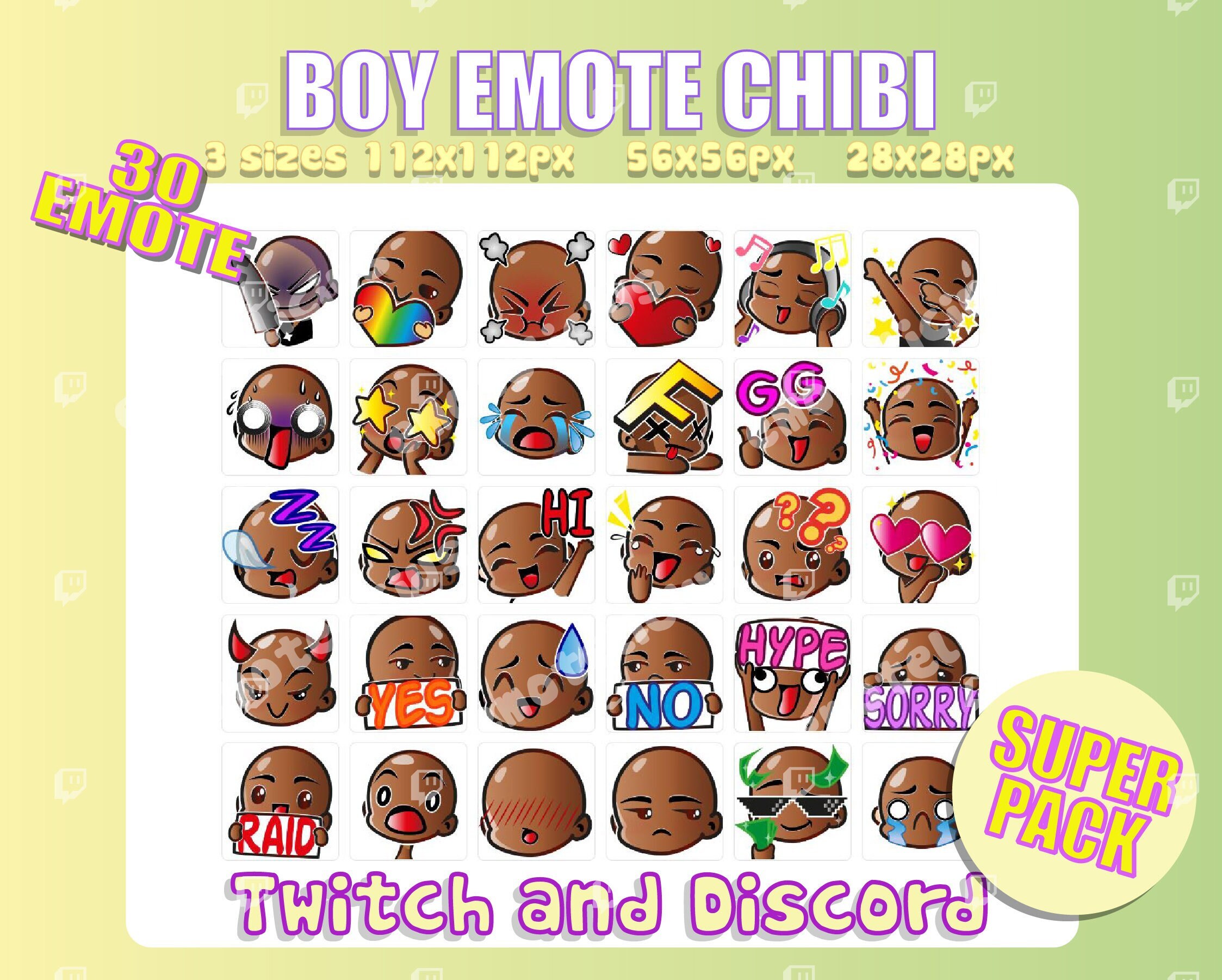 30 Emote Chibi Boy Bald Hairless Dark Skin Twitch Glasses/without ...