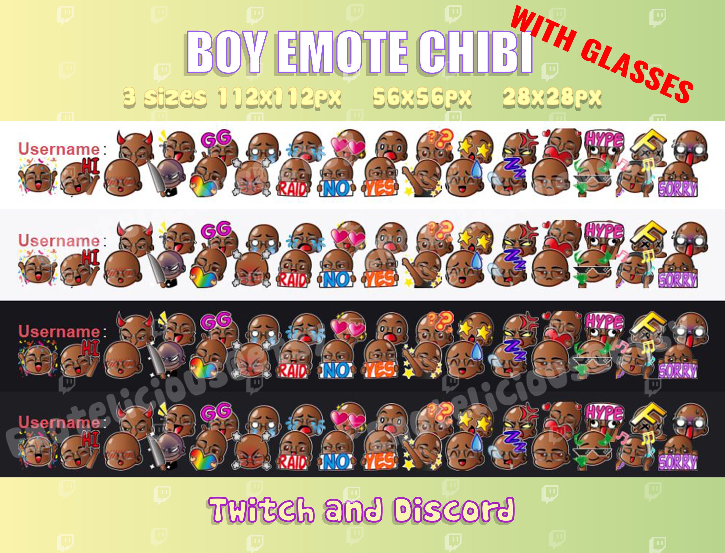 30 Emote Chibi Boy Bald Hairless Dark Skin Twitch Glasses/without ...
