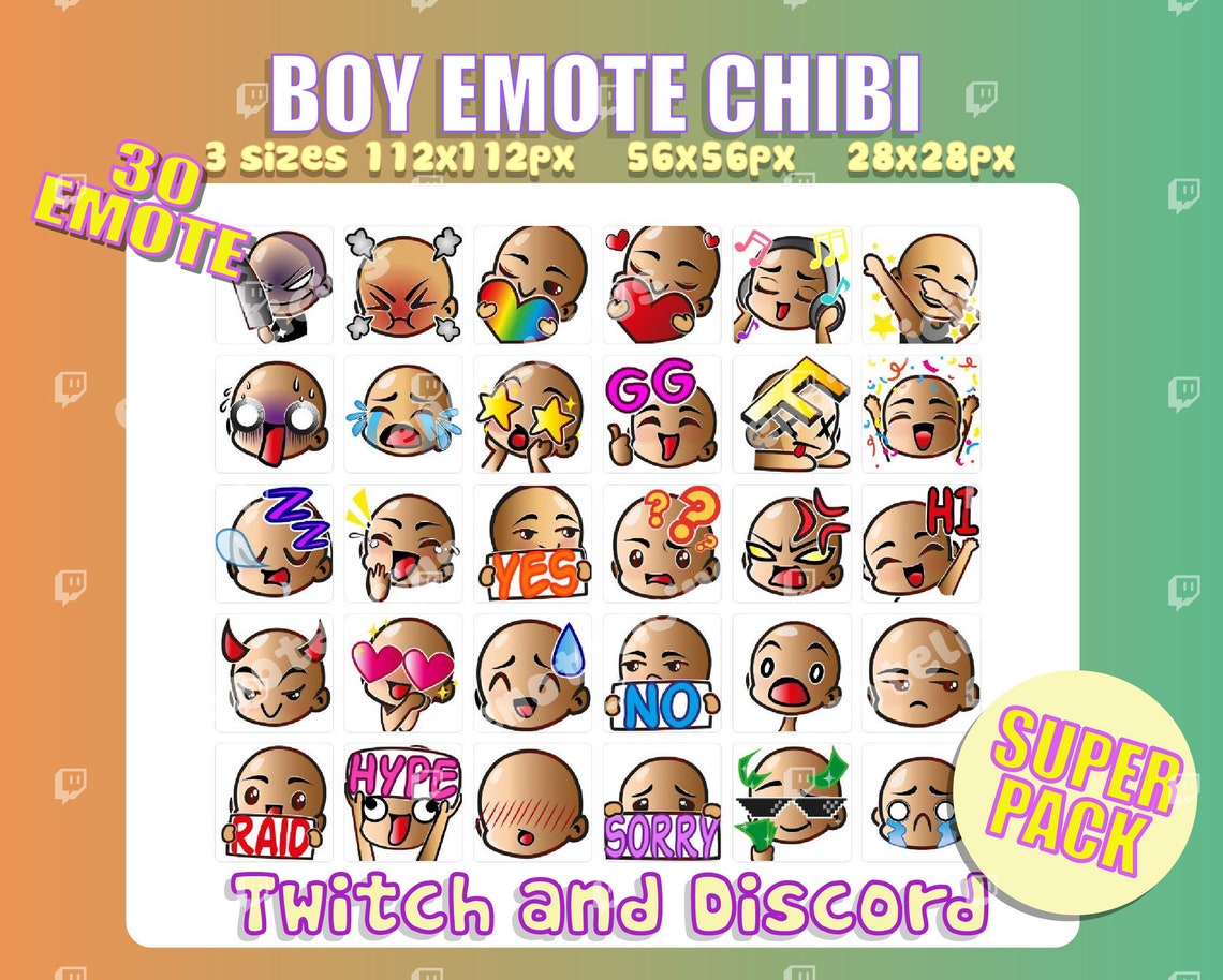 30 Emote Chibi Boy Bald Hairless Medium Skin Twitch Glasses/without ...