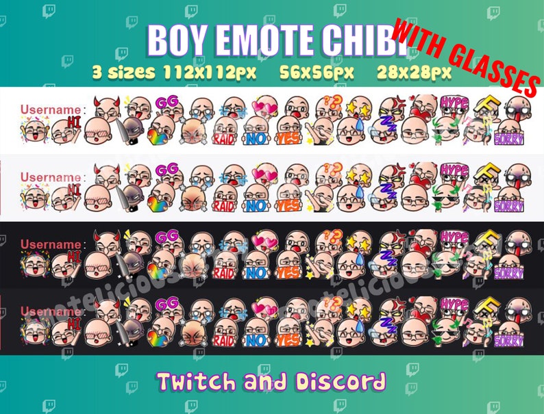 30 Emote Chibi Boy Bald Hairless White Skin Twitch Glasses/without ...