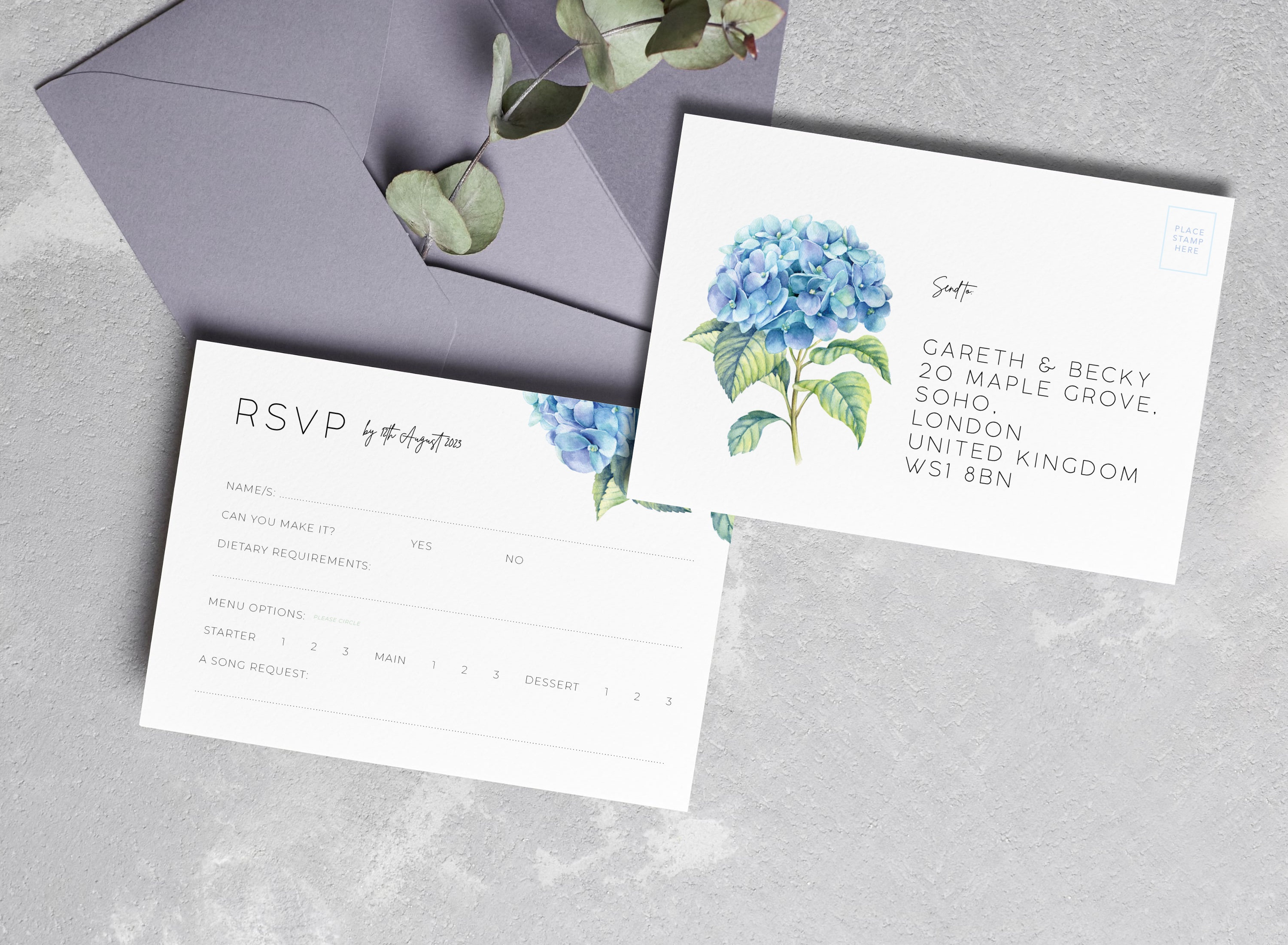 Luxury Blue Hydrangea Invitations, WEDDING RSVP Cards, Wedding Stationery, Personalised Floral ...