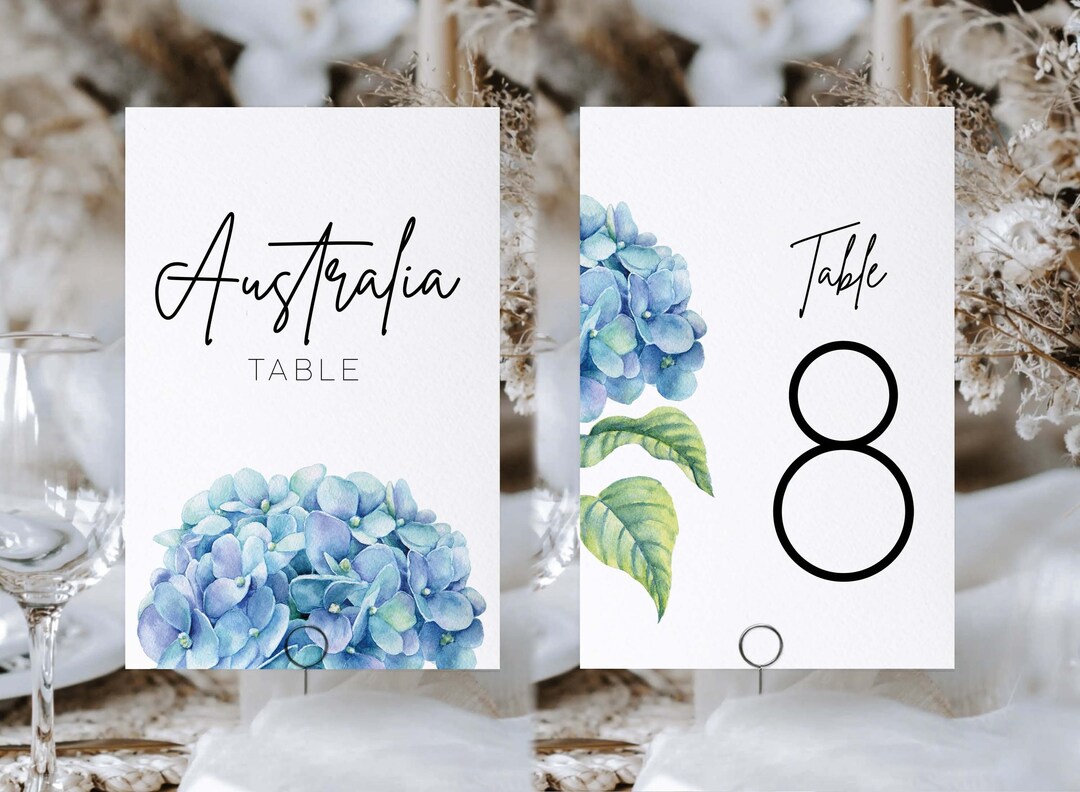 Travel Table Names | Wedding Blue Hydrangea Theme Table Numbers ...