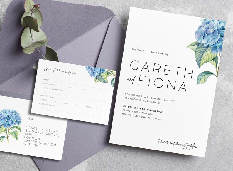 Luxury Blue Hydrangea Invitations, WEDDING RSVP Cards, Wedding Stationery, Personalised Floral ...