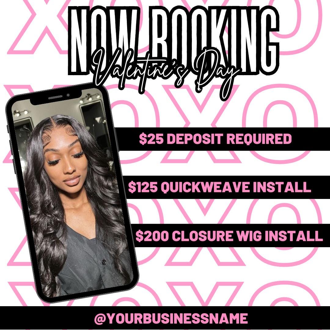 Pink and White V-day Flyer| V-day Hair Flyer| Book Now Flyer| IG ...