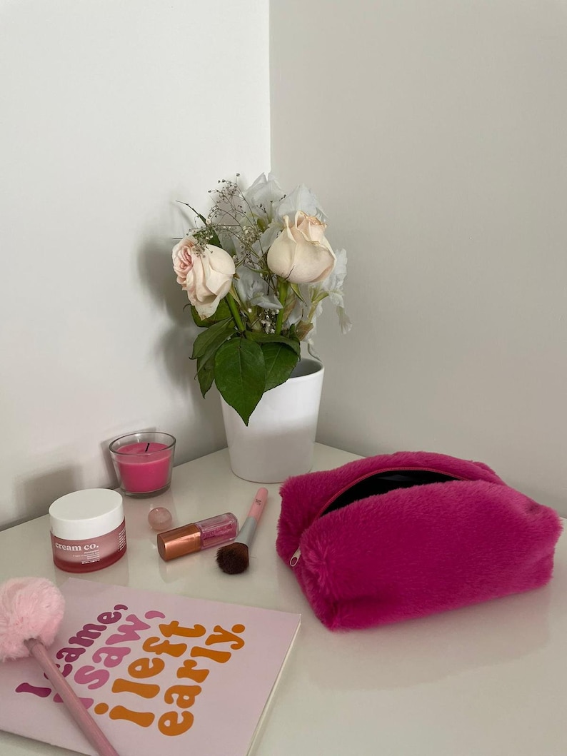 Dark Pink Fluffy Makeup Bag Furry Pencil Case Sherpa Cosmetic Bag ...