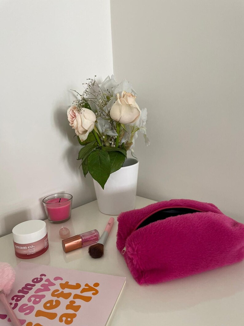 Dark Pink Fluffy Makeup Bag Furry Pencil Case Sherpa Cosmetic Bag ...