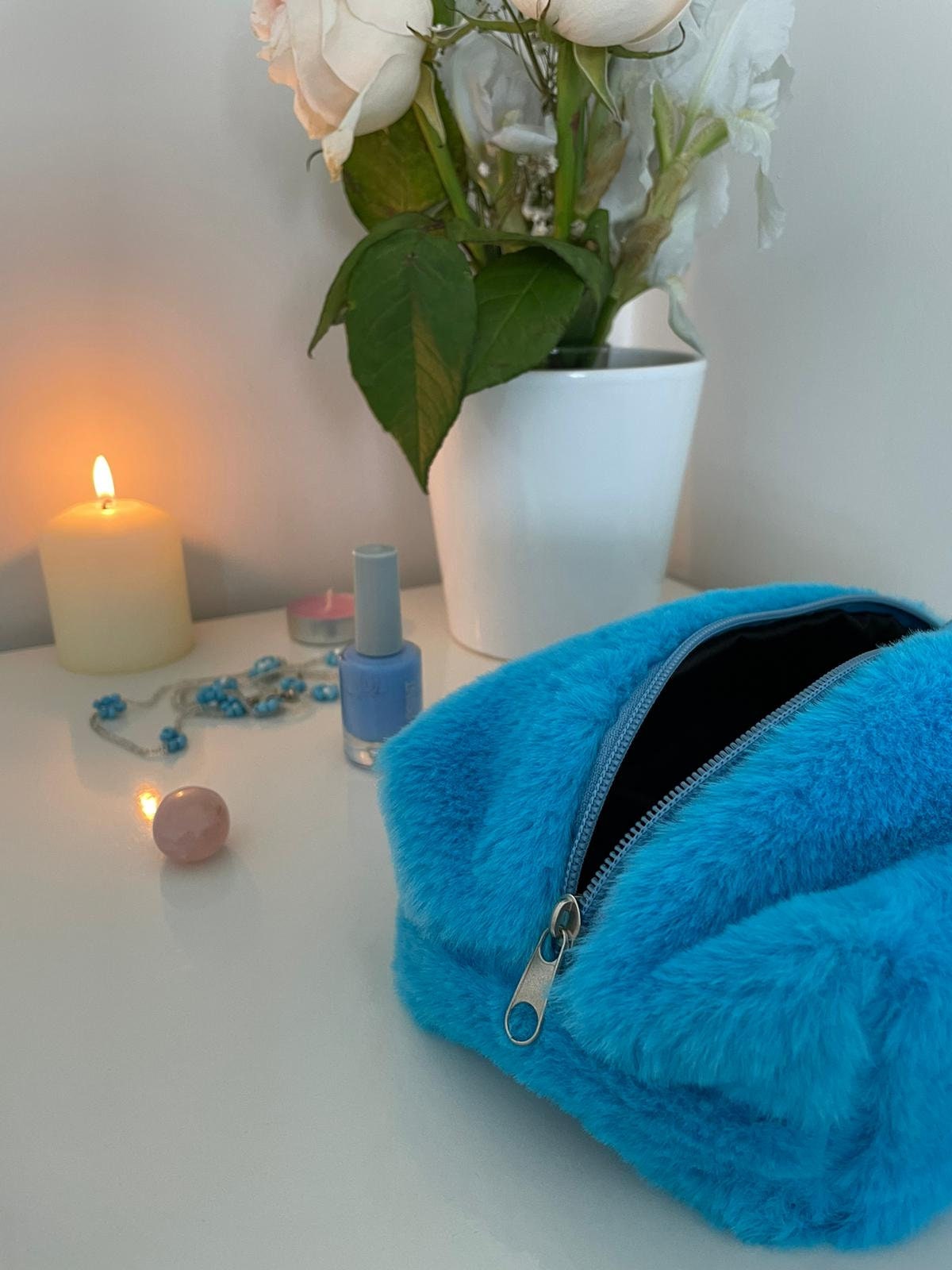 Blue Fluffy Makeup Bag,furry Pencil Case,sherpa Cosmetic Bag,travel Bag ...