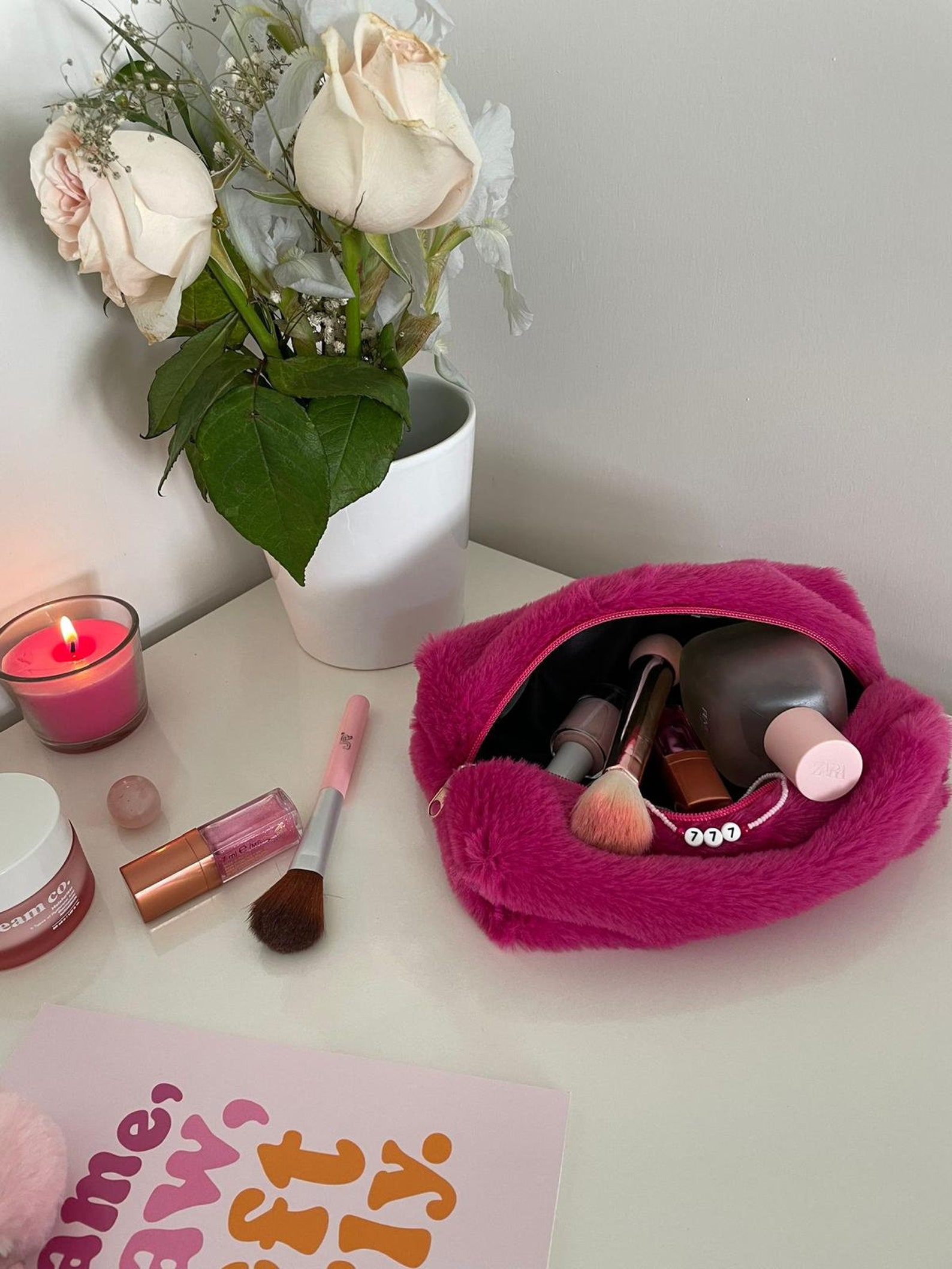 Dark Pink Fluffy Makeup Bag Furry Pencil Case Sherpa Cosmetic Bag ...