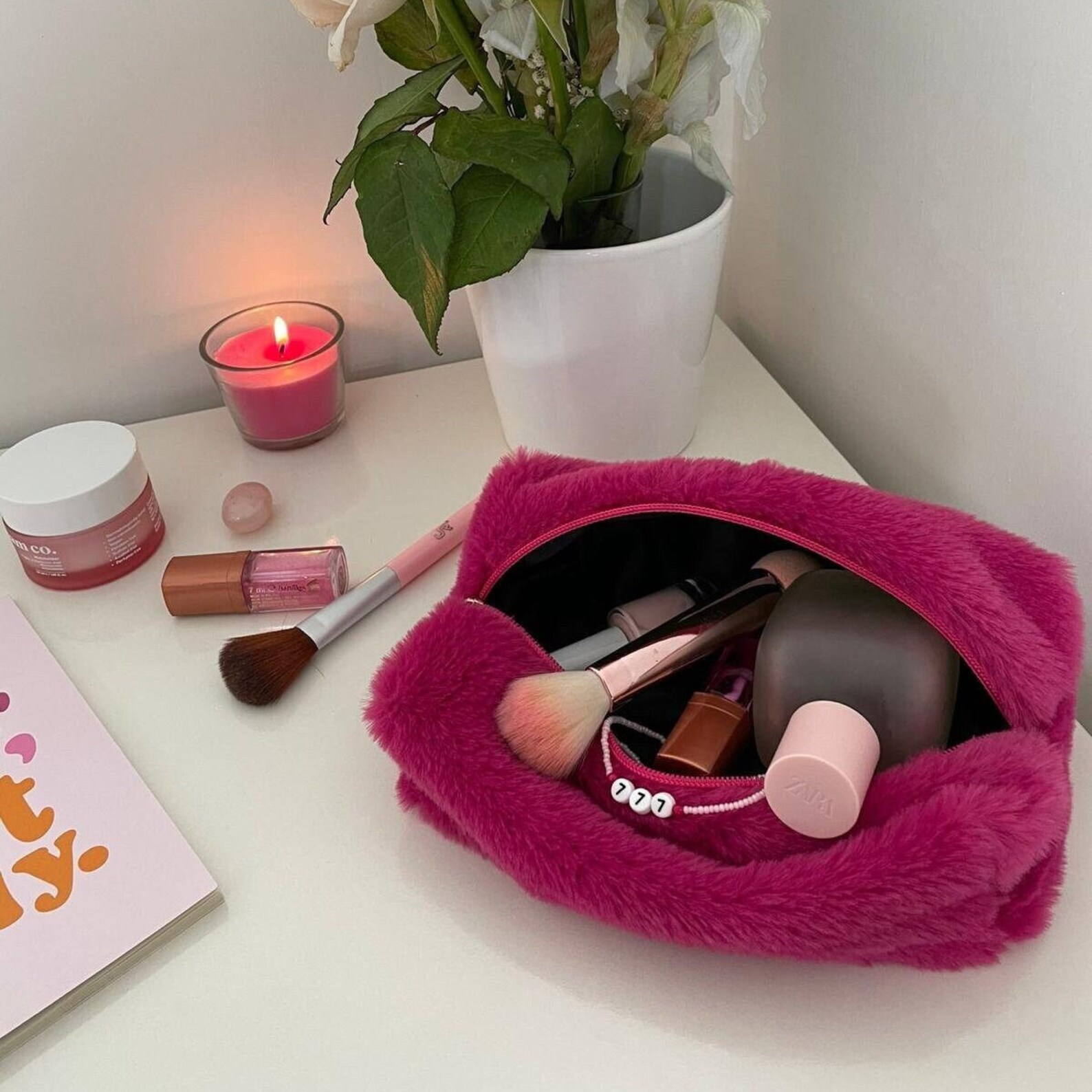 Dark Pink Fluffy Makeup Bag Furry Pencil Case Sherpa Cosmetic Bag ...