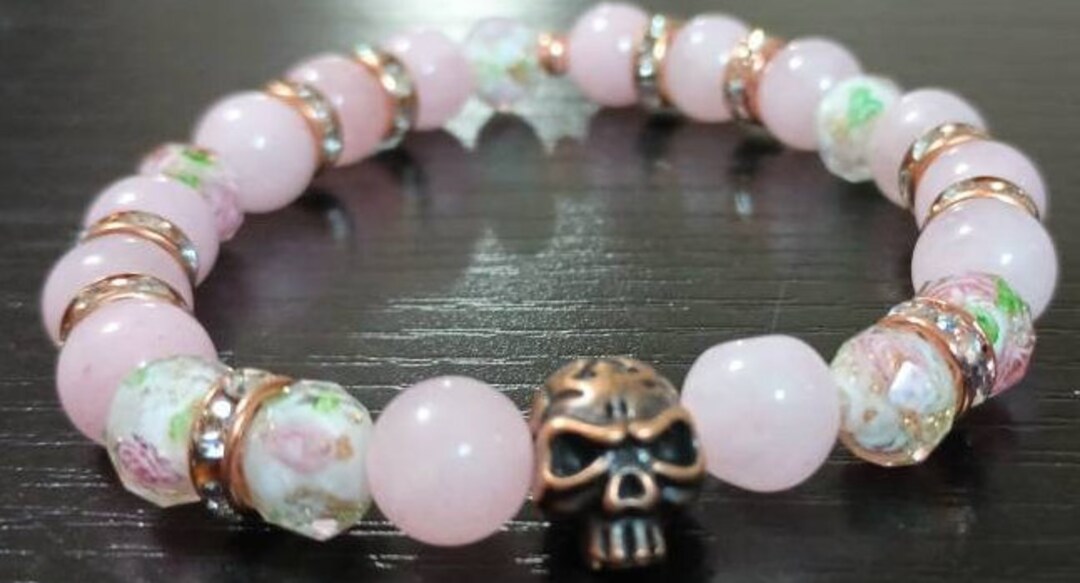 Delicate but Vicious Woman's Skull With Lampwork Roses. Rose Quartz and ...