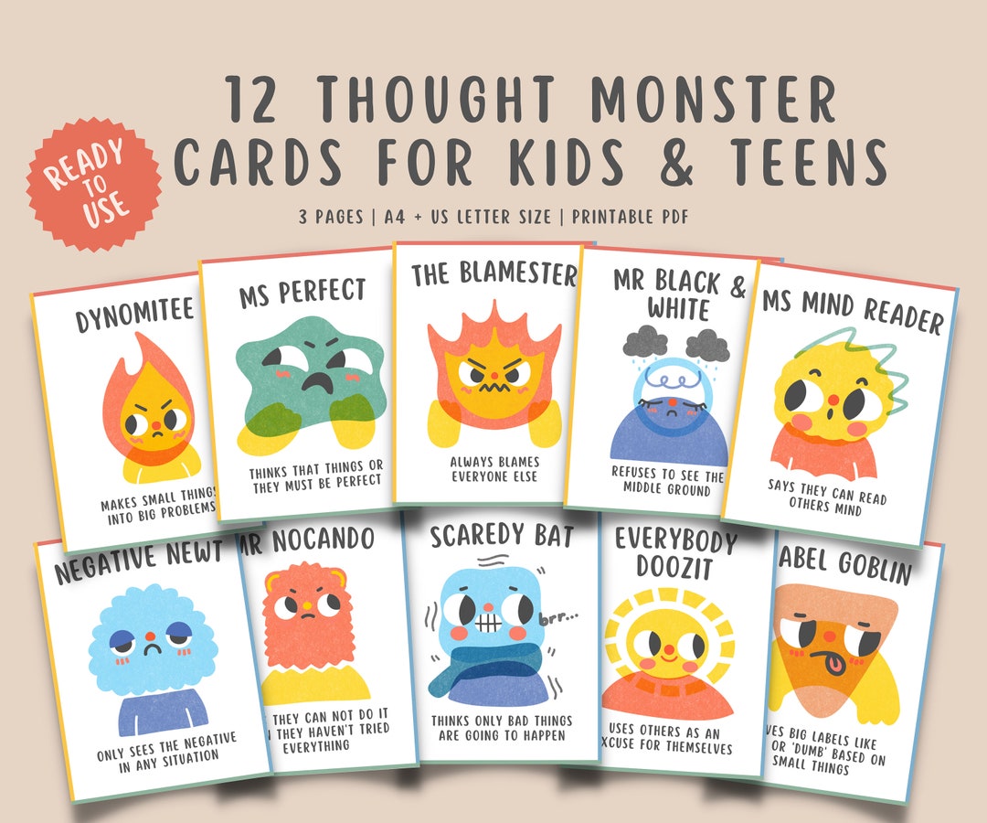 12 Thought Monsters Flashcard for Kids Teens, Thinking Traps Children ...