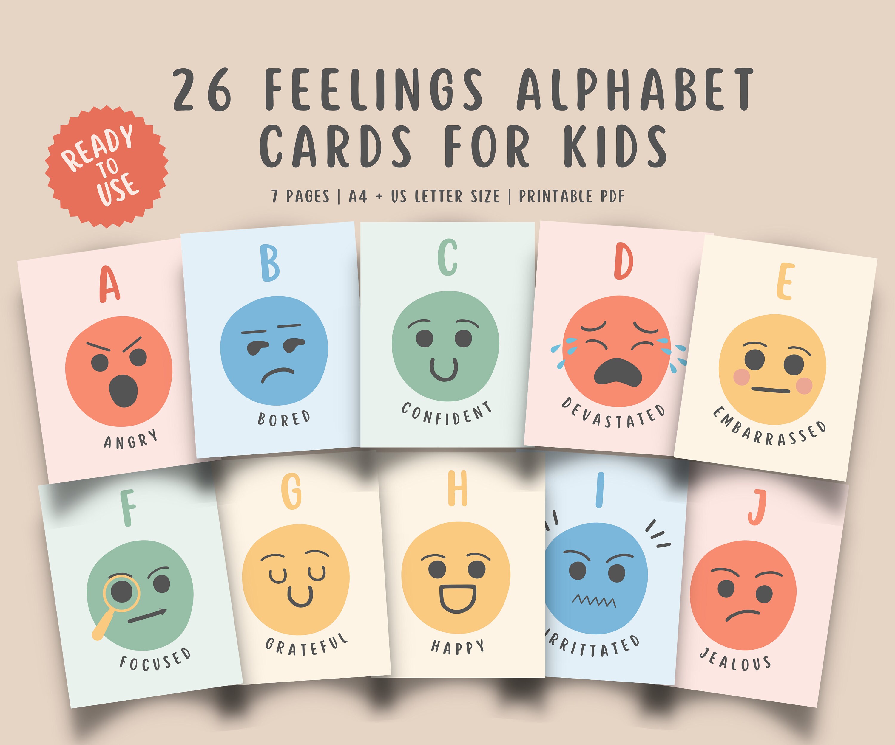 26 Feelings Alphabet Flashcards for Kids Teens Social - Etsy UK